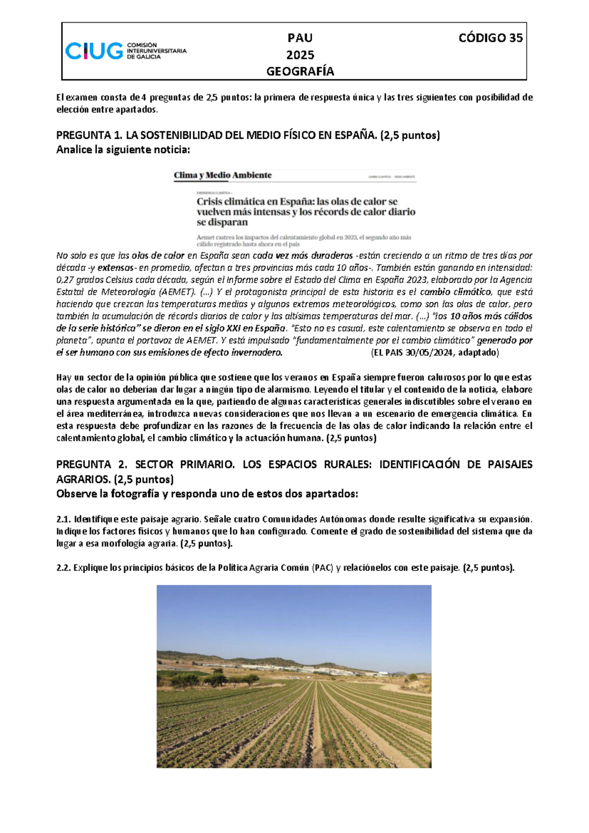 35 geografia modelo cast - PAU 2025 GEOGRAFÍA CÓDIGO 35 El examen consta de 4 preguntas de 2,5 ...