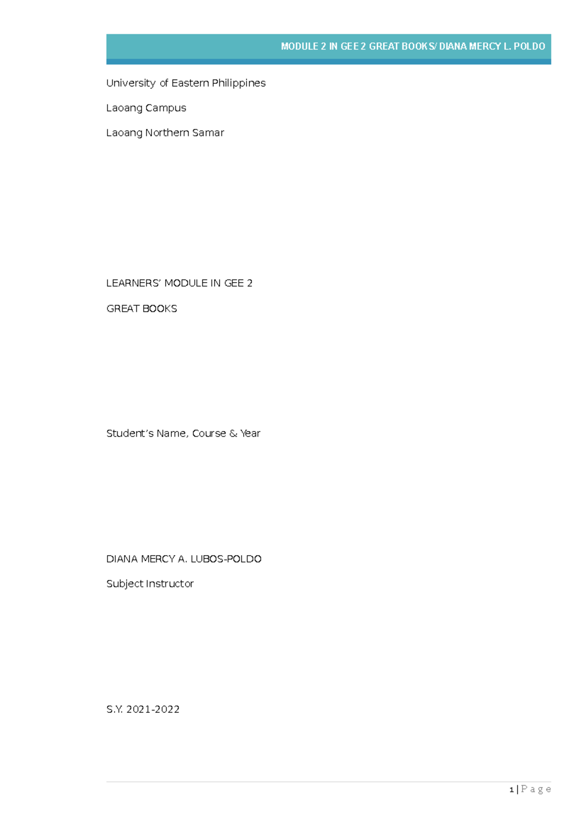 Great Books 2 - MODULE 2 IN GEE 2 GREAT BOOKS/ DIANA MERCY L. POLDO ...