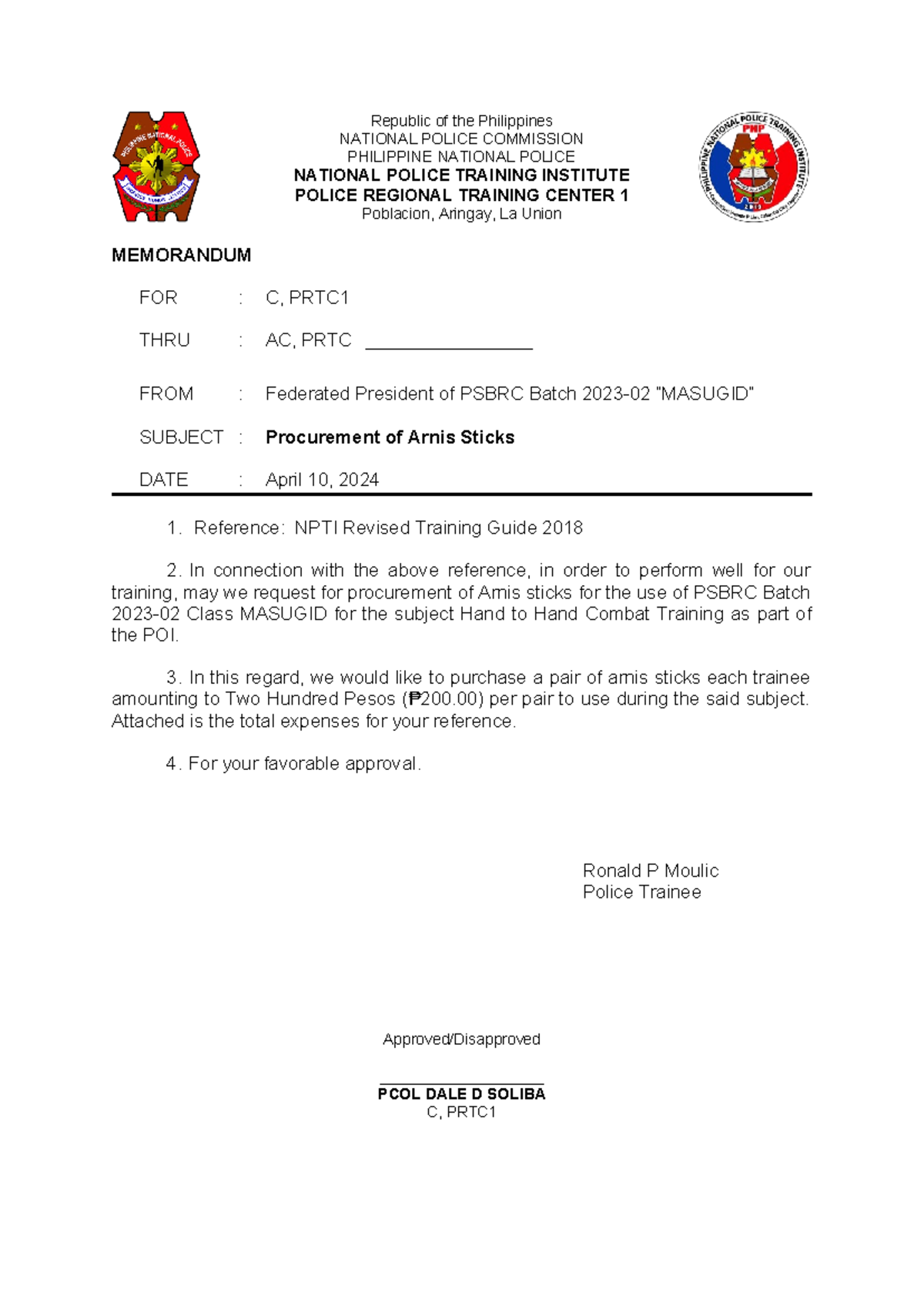 Request Letter ARNIS - Republic of the Philippines NATIONAL POLICE ...