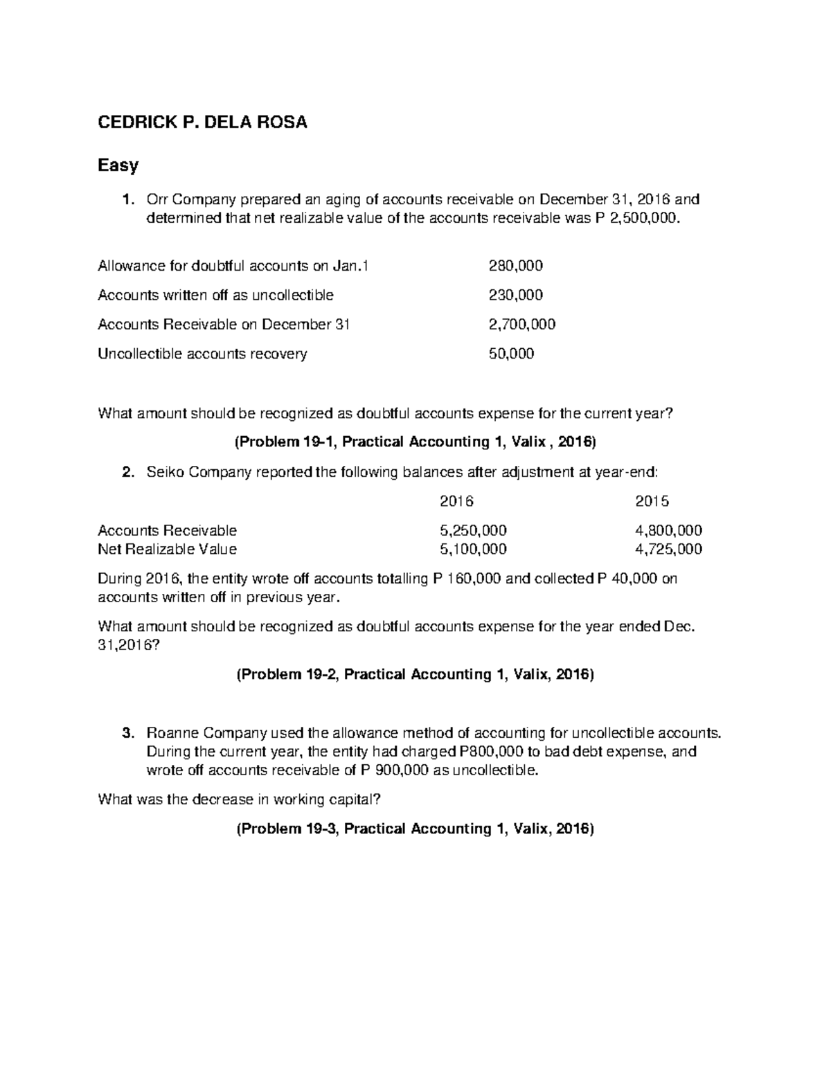 Toaz accounting problems practice set - CEDRICK P. DELA ROSA Easy 1 ...