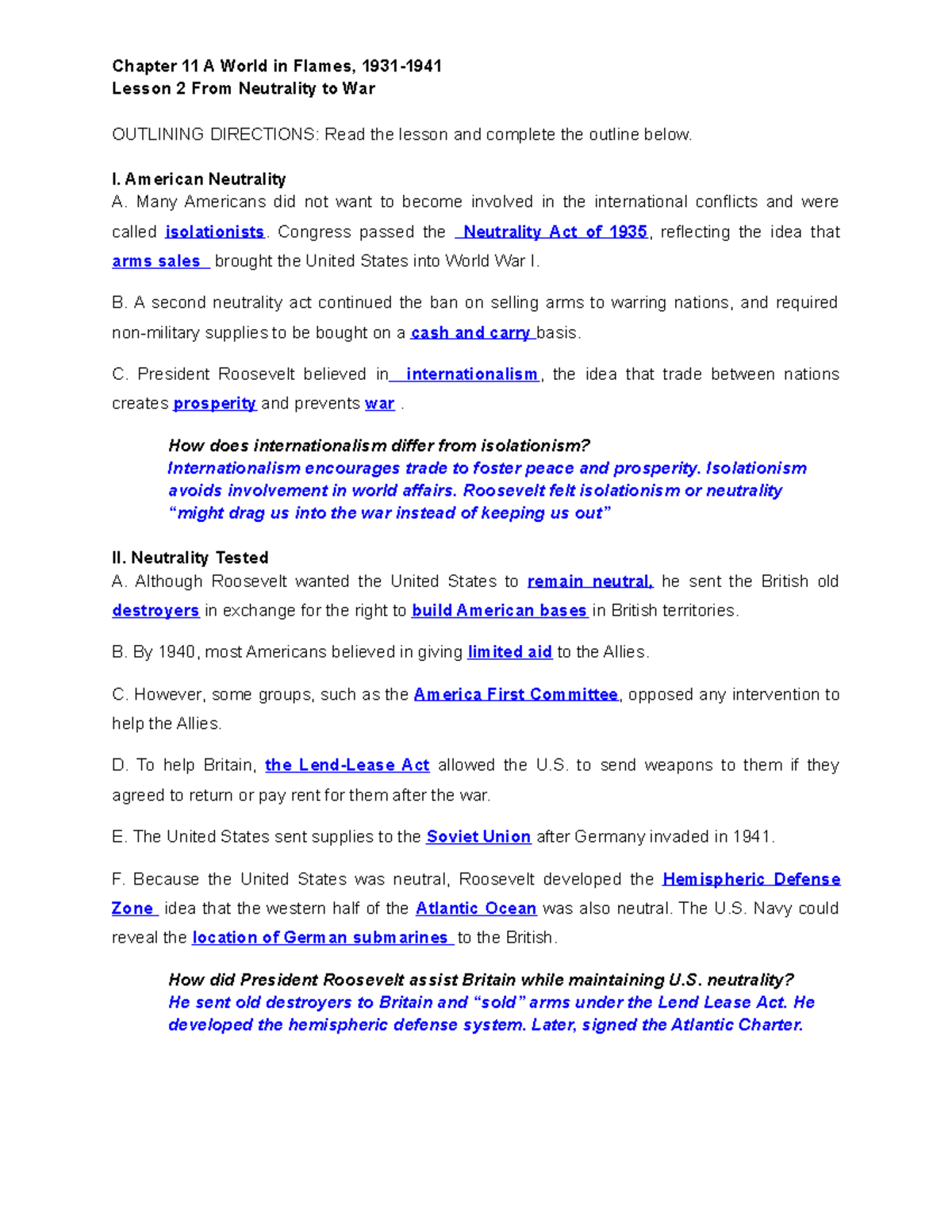 Chapter 11 A World in Flames Lesson 2 From Neutrality to War - Studocu