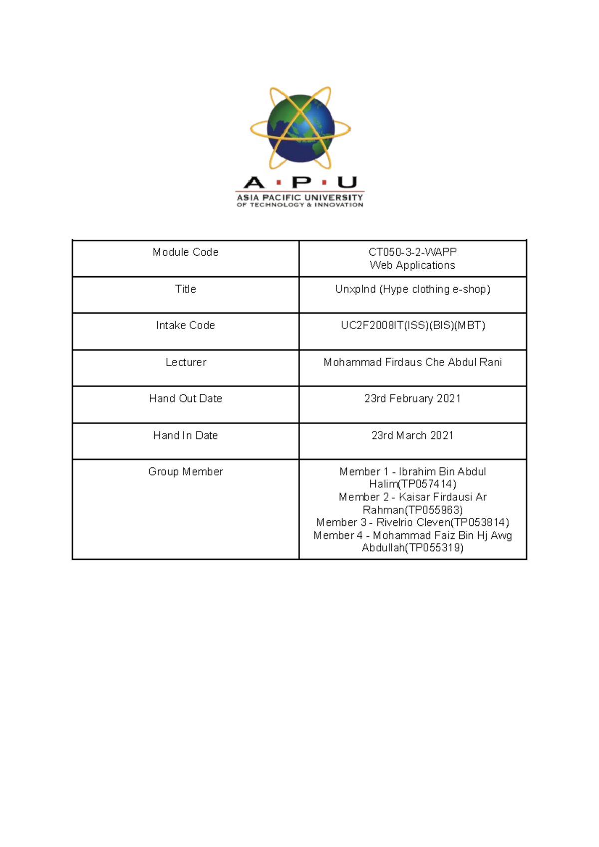 (Unxplnd) Group proposal - Module Code CT050-3-2-WAPP Web Applications ...