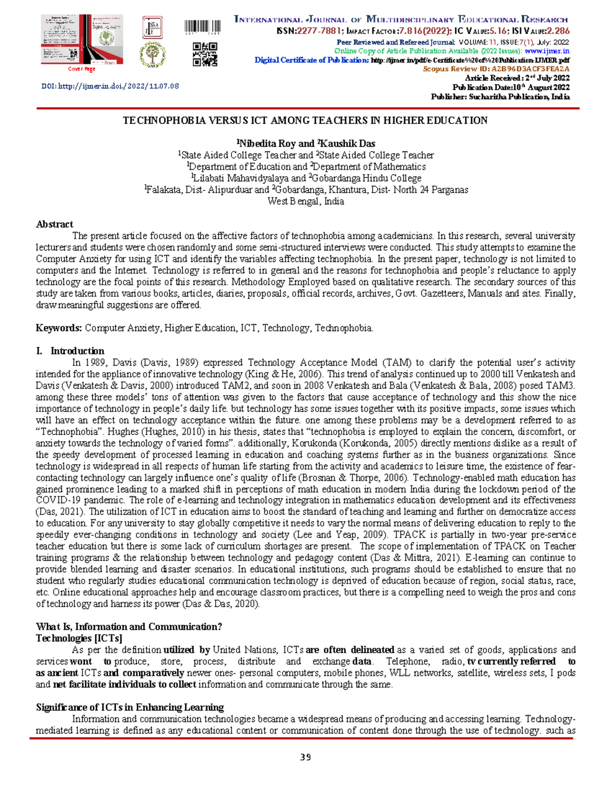 Technophobia Versus ICT Among Teachers I - Cover Page DOI: ijmer.in.doi ...