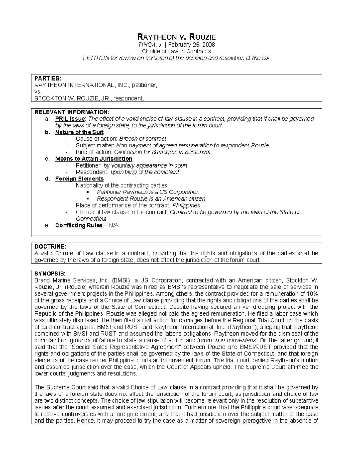 Case 149 Raytheon v Rouzie - RAYTHEON V. ROUZIE TINGA, J. | February 26, 2008 Choice of Law in ...