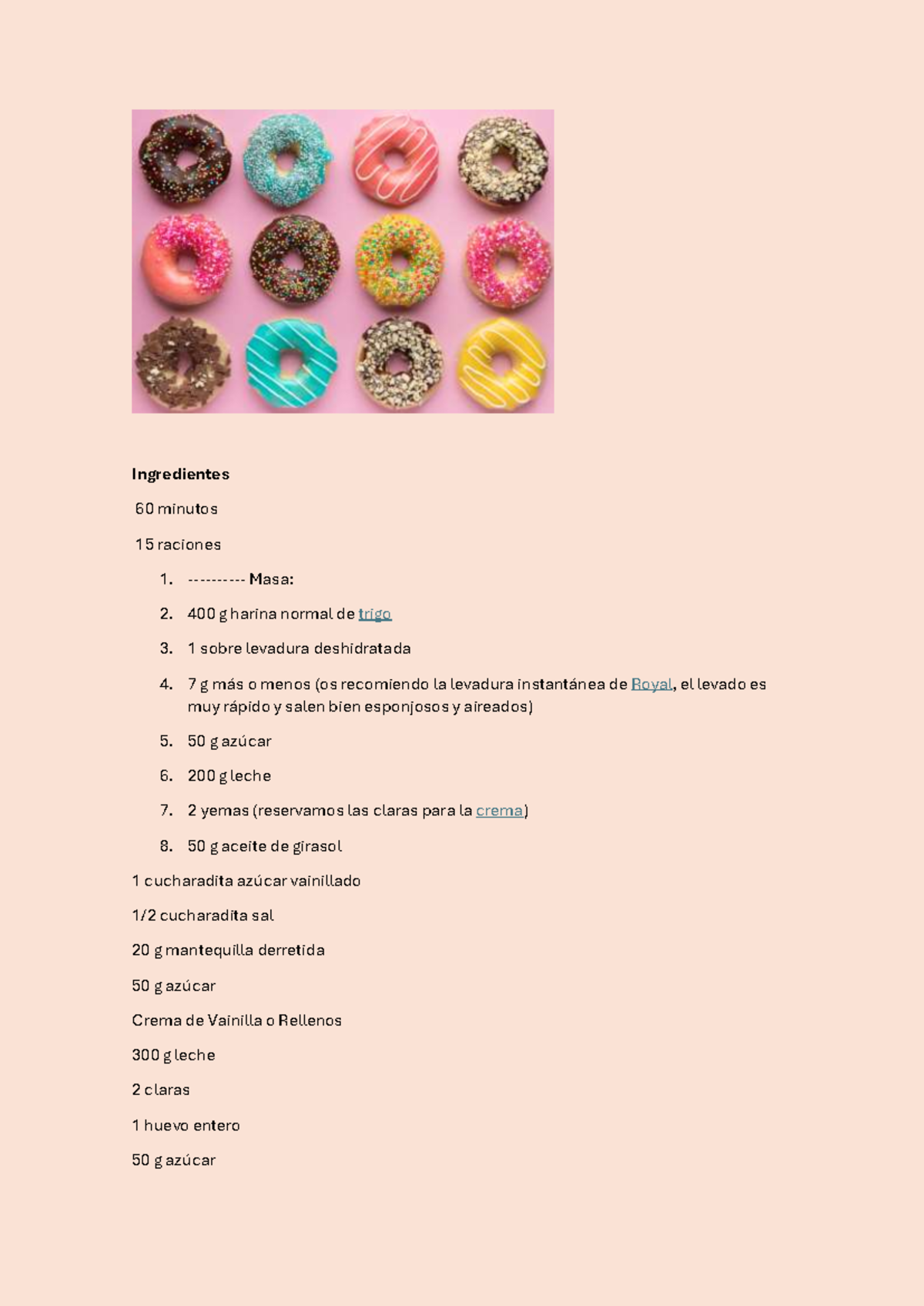 Ingredientes- dona - receta donas - Ingredientes 60 minutos 15 raciones ...