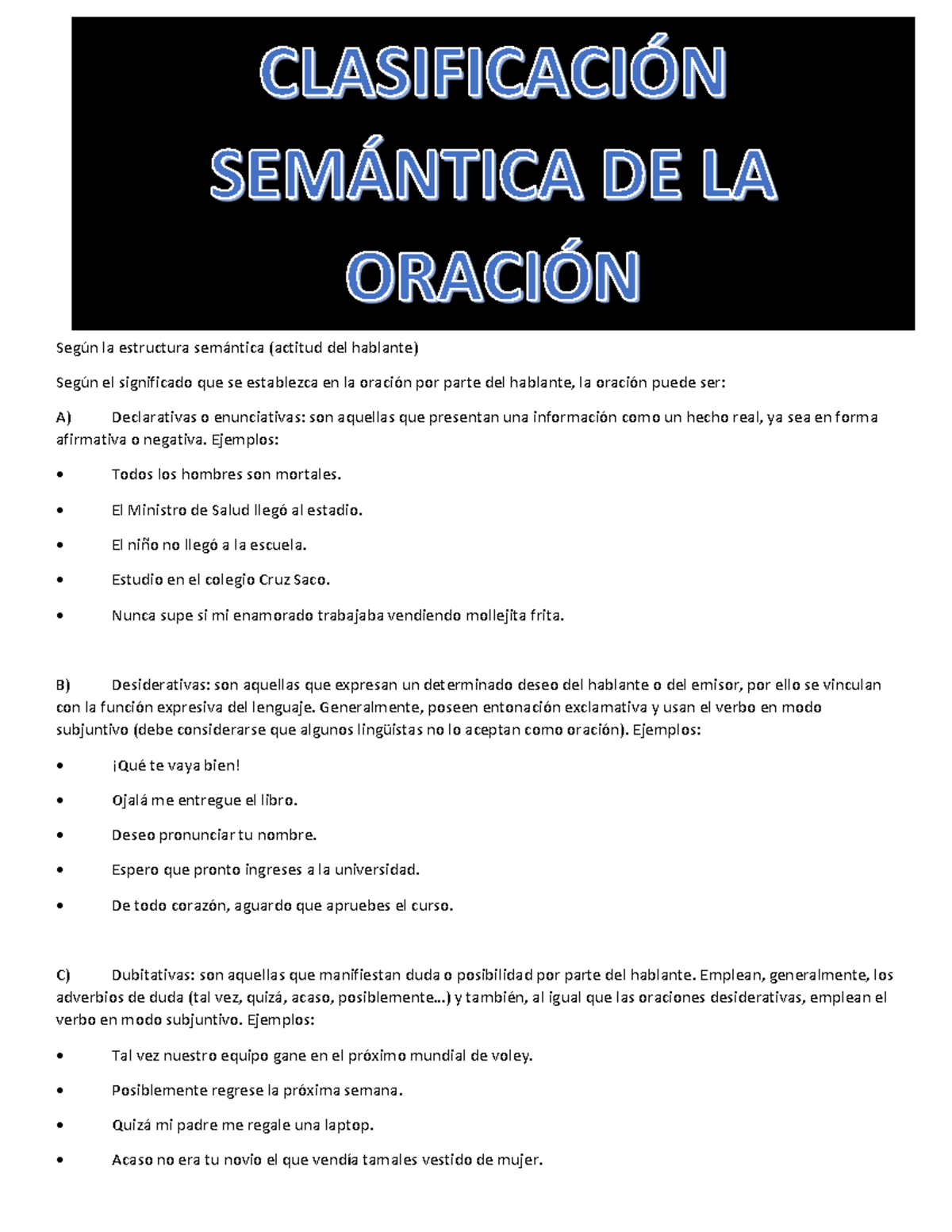 Clase 17- Clasificación Semántica DE LA Oración- Ejercicios Resueltos - Según la estructura ...