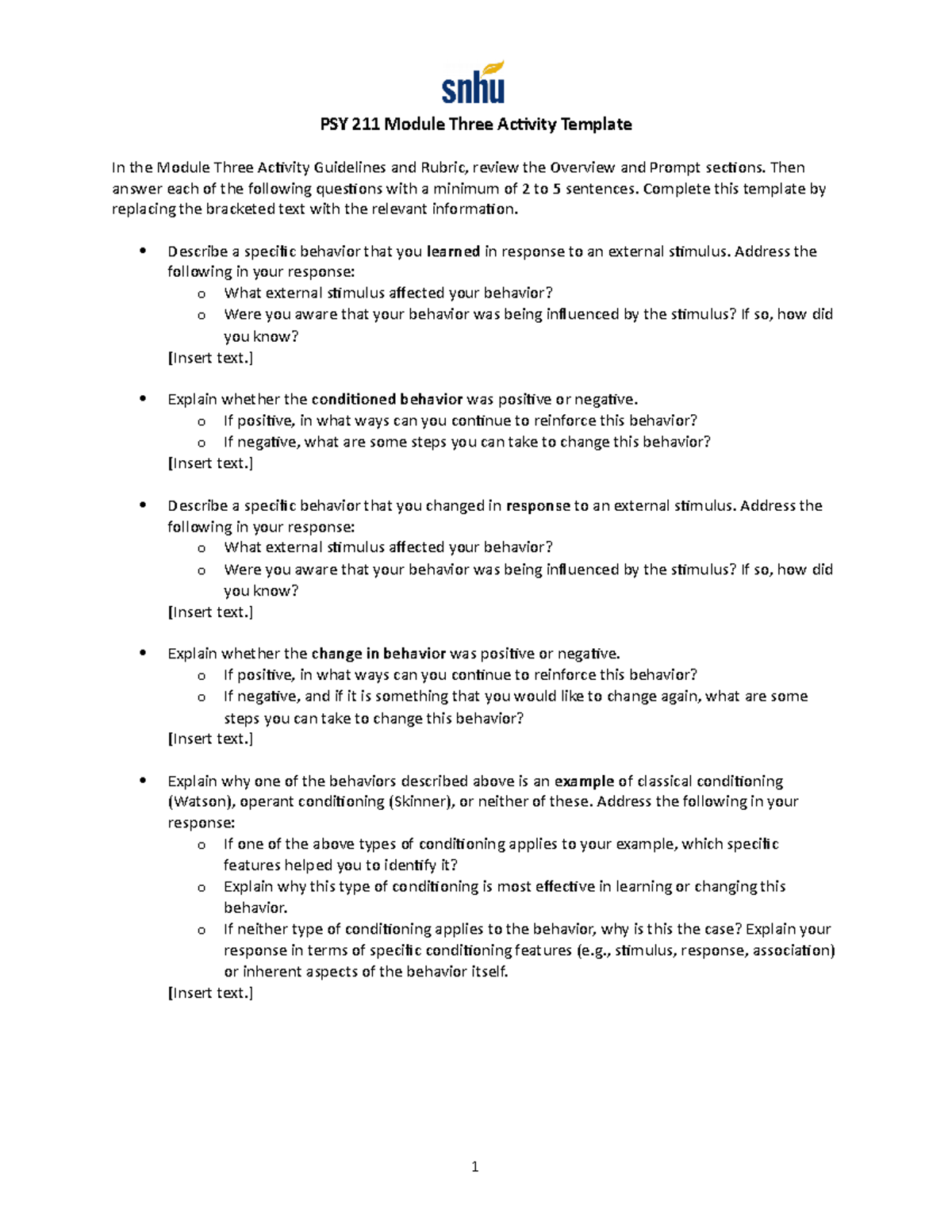 PSY 211 Module Three Activity Template - Then answer each of the ...