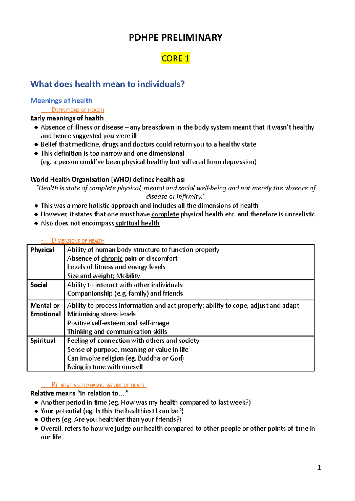 Pdhpe Preliminary notes - PDHPE PRELIMINARY CORE 1 What does health ...