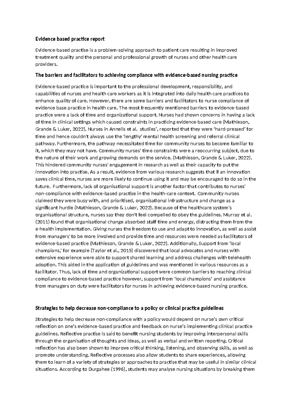 Evidence based practice report Hurry - Evidence based practice report ...