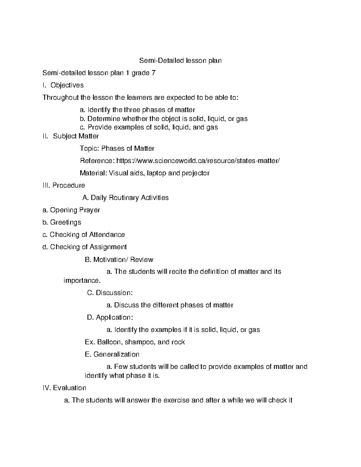 Semi-Detailed lesson plan - Semi-Detailed lesson plan Semi-detailed ...