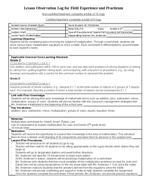 SEDN 695 Lesson Observation Log 1 - Lesson Observation Log for Field ...