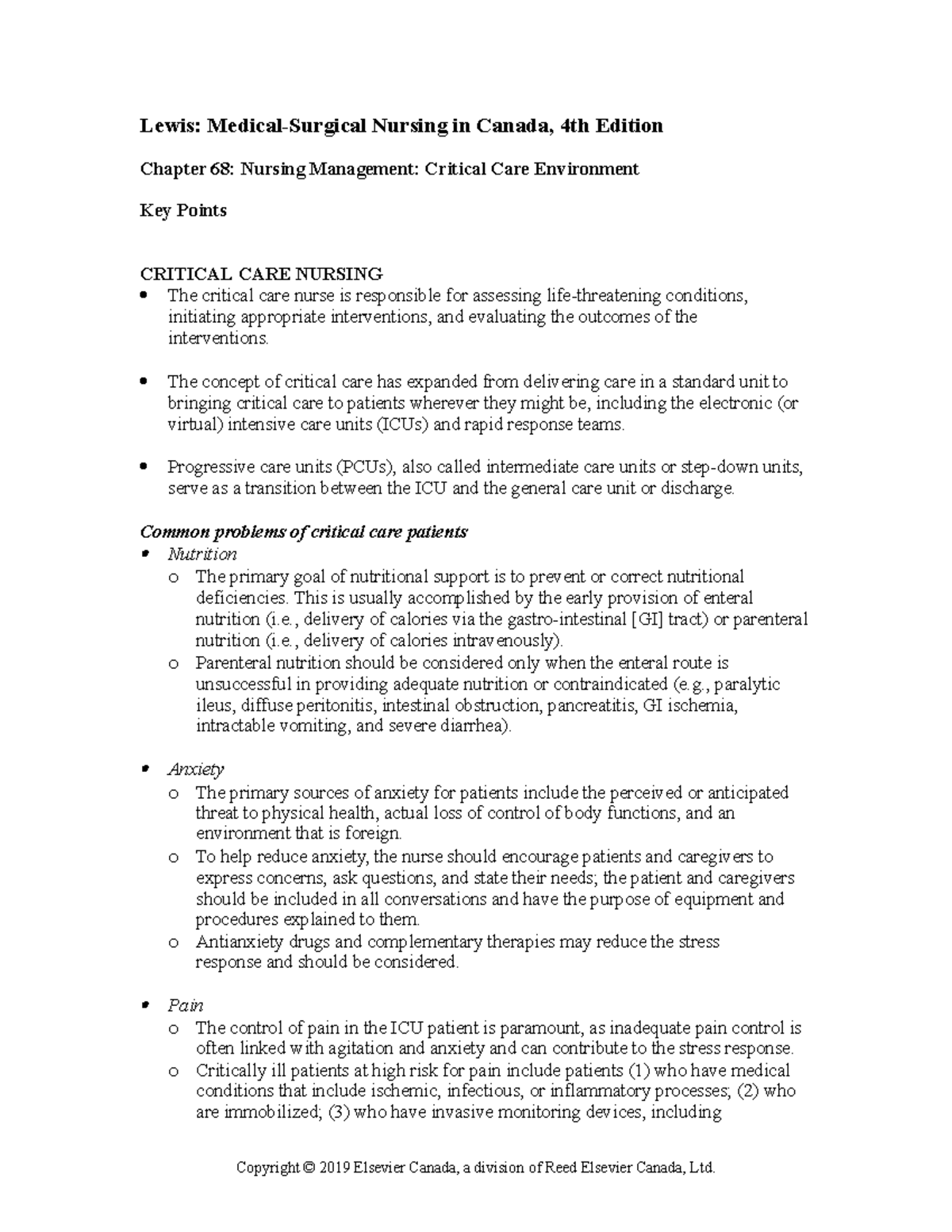 Chapter 068 - Nursing Management: Critical Care Environment - Copyright © 2019 Elsevier Canada ...