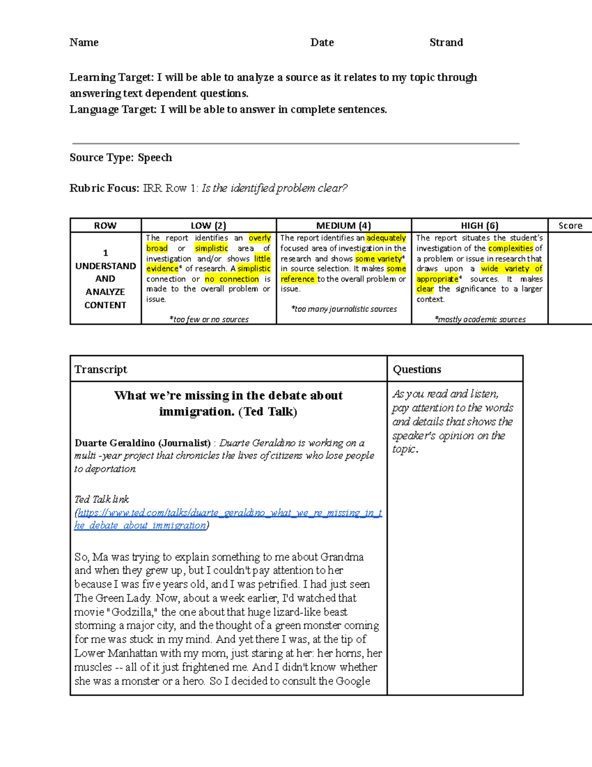 Ricardo Puma - Immigration Ted Talk - Learning Target: I will be able ...