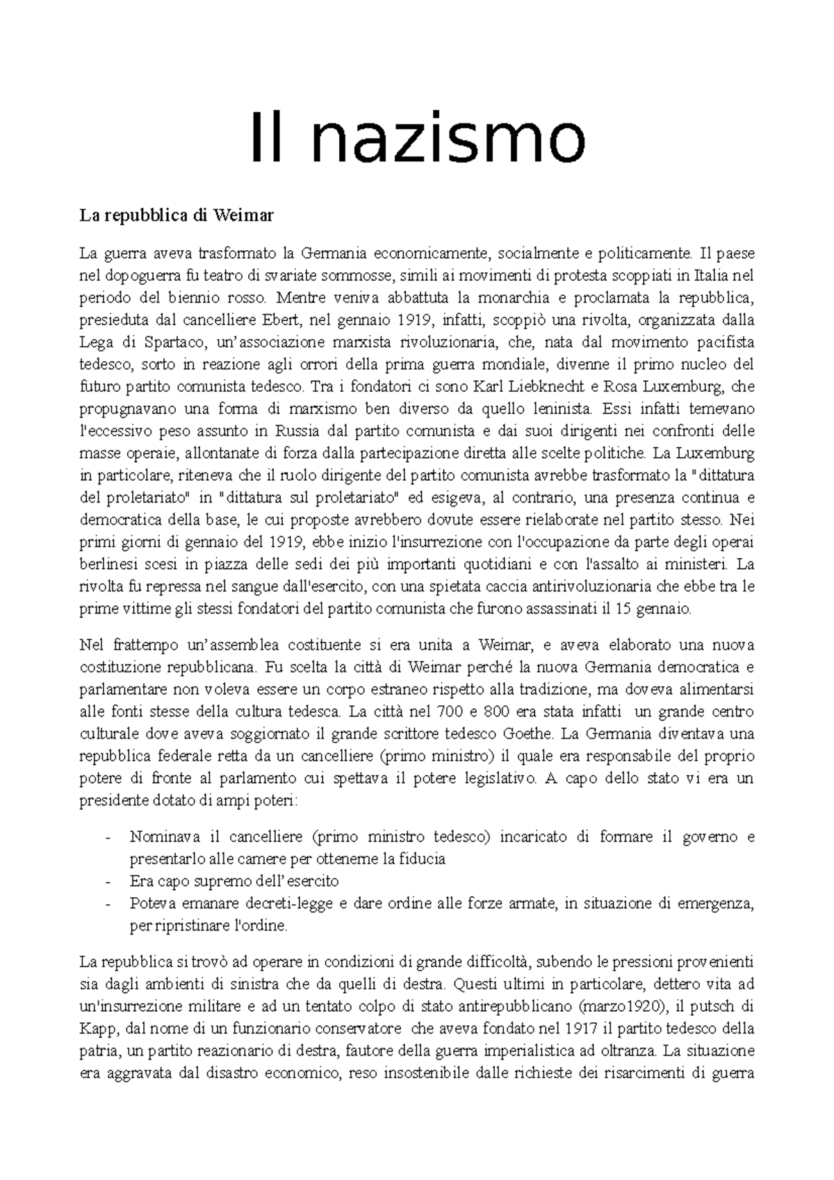 Storia - Il nazismo - Il nazismo La repubblica di Weimar La guerra ...