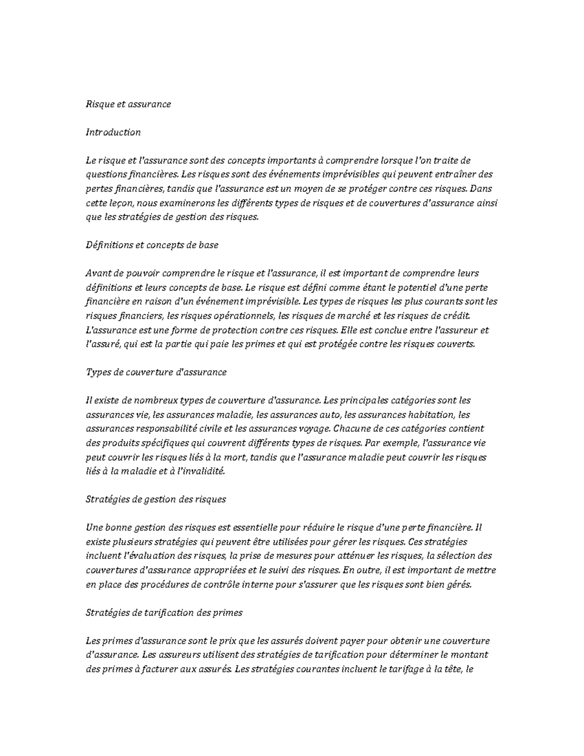 Risk Management and Insurance note study - Risque et assurance ...