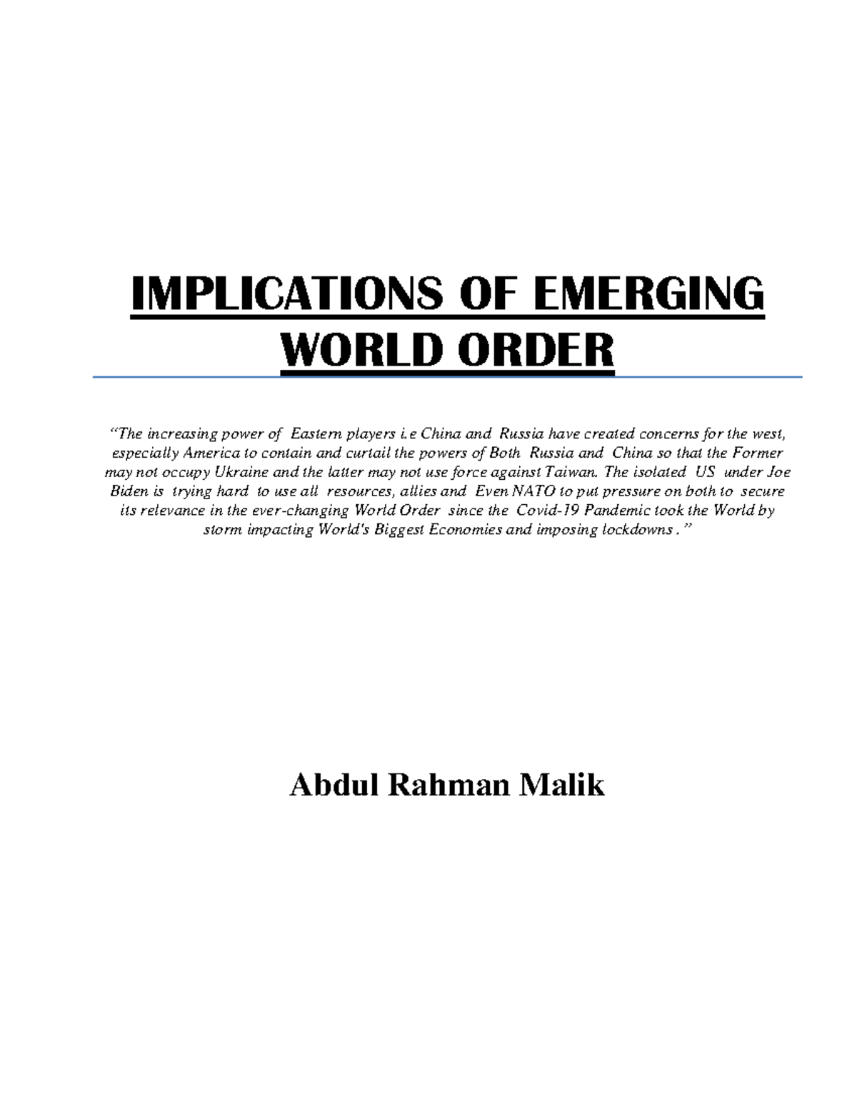 Implications OF Emerging World Order - IMPLICATIONS OF EMERGING WORLD ORDER