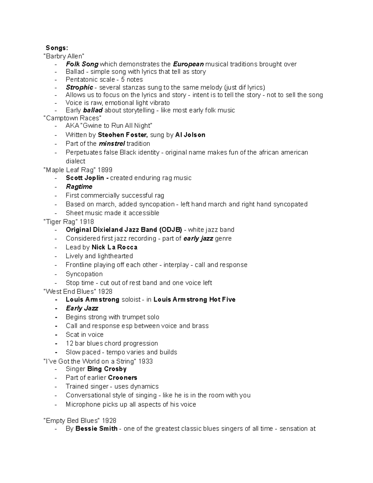 Midterm Study Guide - Songs: “Barbry Allen” - Folk Song which ...