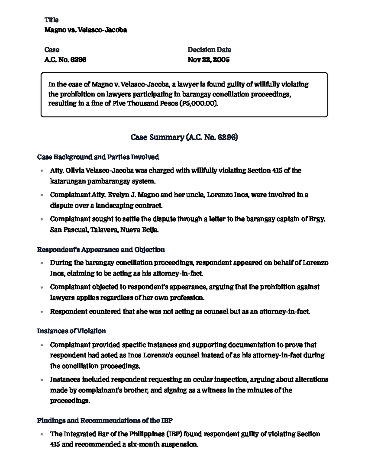 Bowser Document (12) - N/a - Title Magno vs. Velasco-Jacoba Case A. No ...