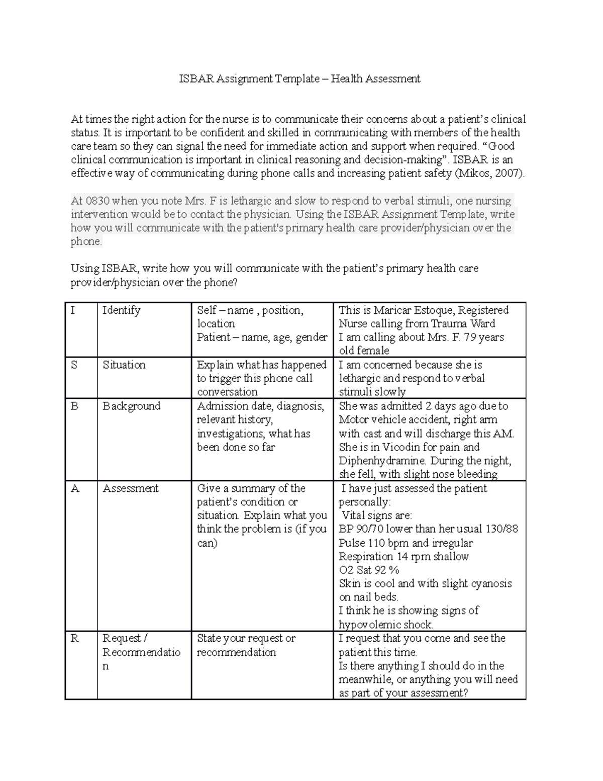 Isbar Assignment Neuro - ISBAR Assignment Template – Health Assessment ...
