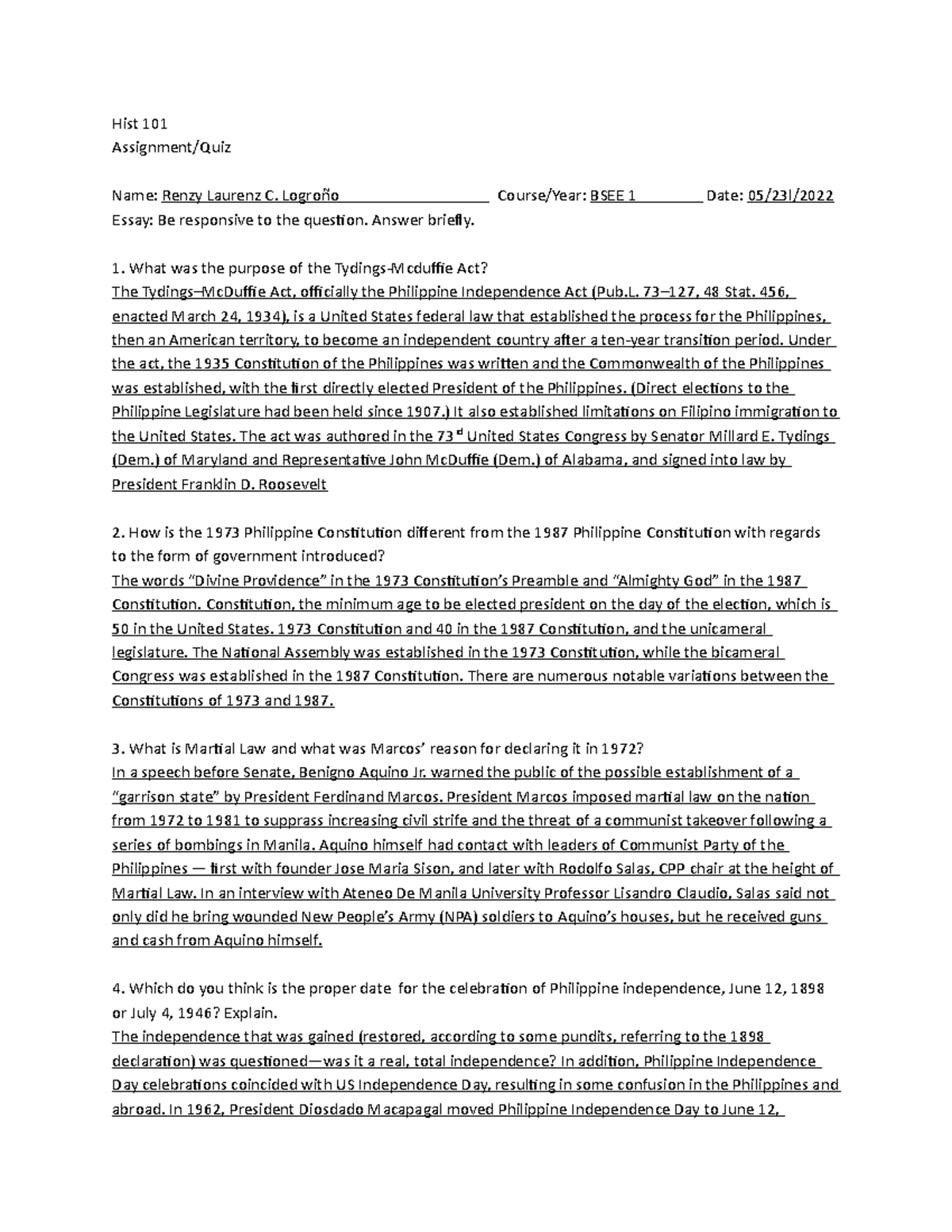 Hist 101 assignment 7 - Hist 101 Assignment/Quiz Name: Renzy Laurenz C ...