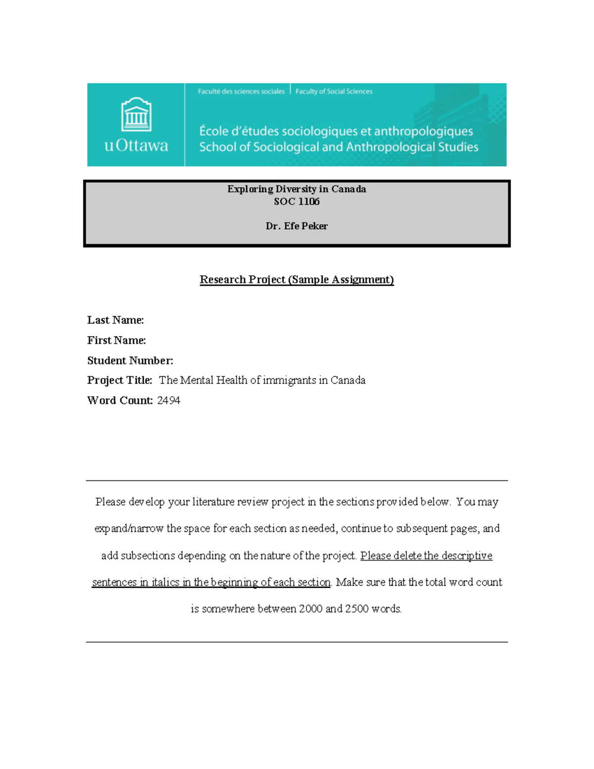SOC 1106 - Sample Research Project - SOC1106 - uOttawa - Studocu