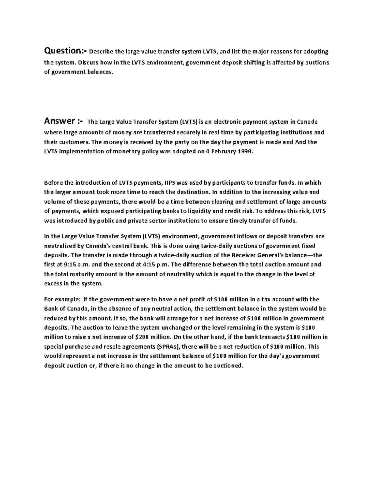 Describe the large value transfer system LVTS - Discuss how in the LVTS ...