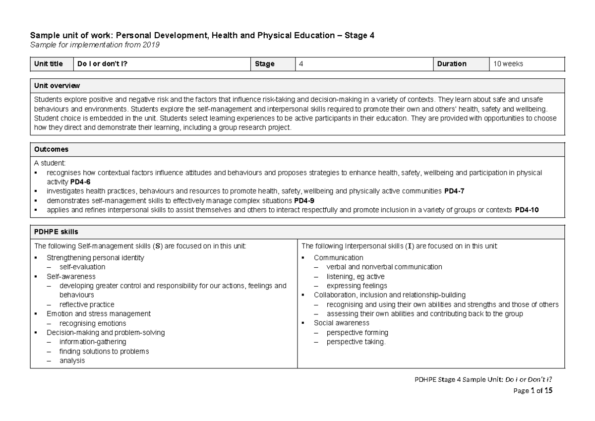 Pdhpe stage 4 sample unit do i or dont i - Sample unit of work ...