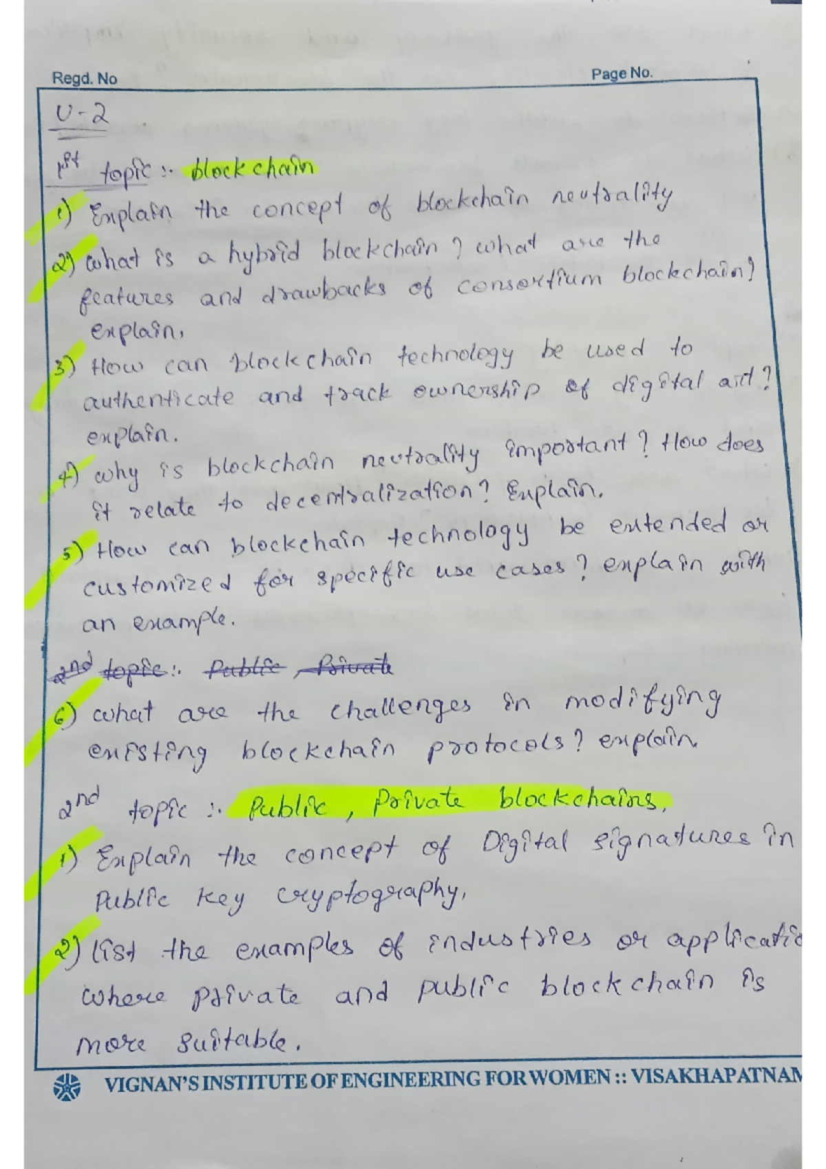 Unit 2 bl - jntuk - Regd. No Page No. 1st topic blockchain 1) Explain ...