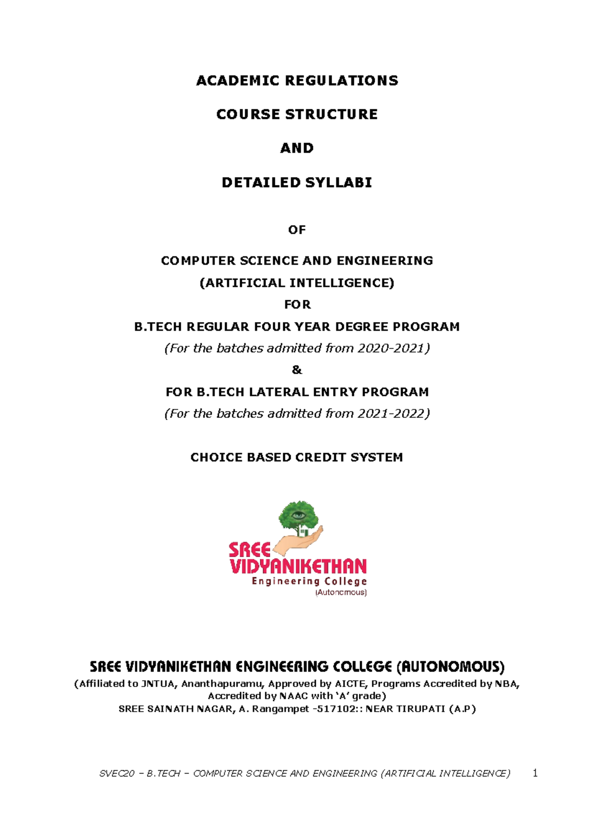 SVEC 20 I B Tech CSE AI Syllabus - ACADEMIC REGULATIONS COURSE ...