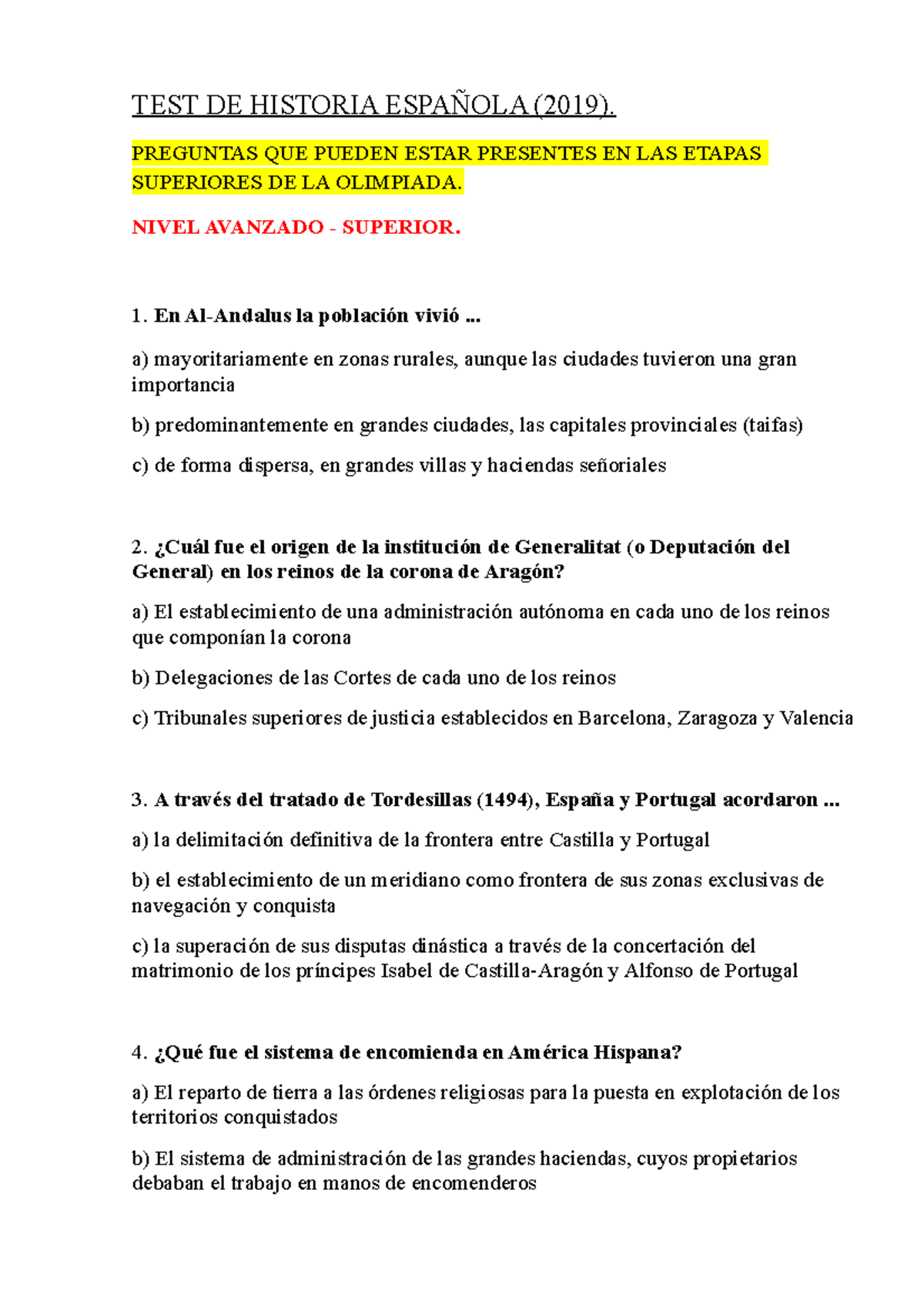 TEST DE Historia Española - TEST DE HISTORIA ESPAÑOLA (2019). PREGUNTAS ...