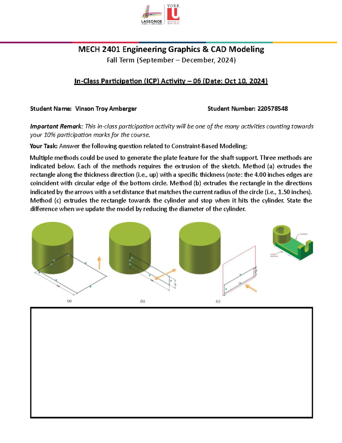 in class participation 6 - MECH 2401 Engineering Graphics & CAD Modeling Fall Term (September ...