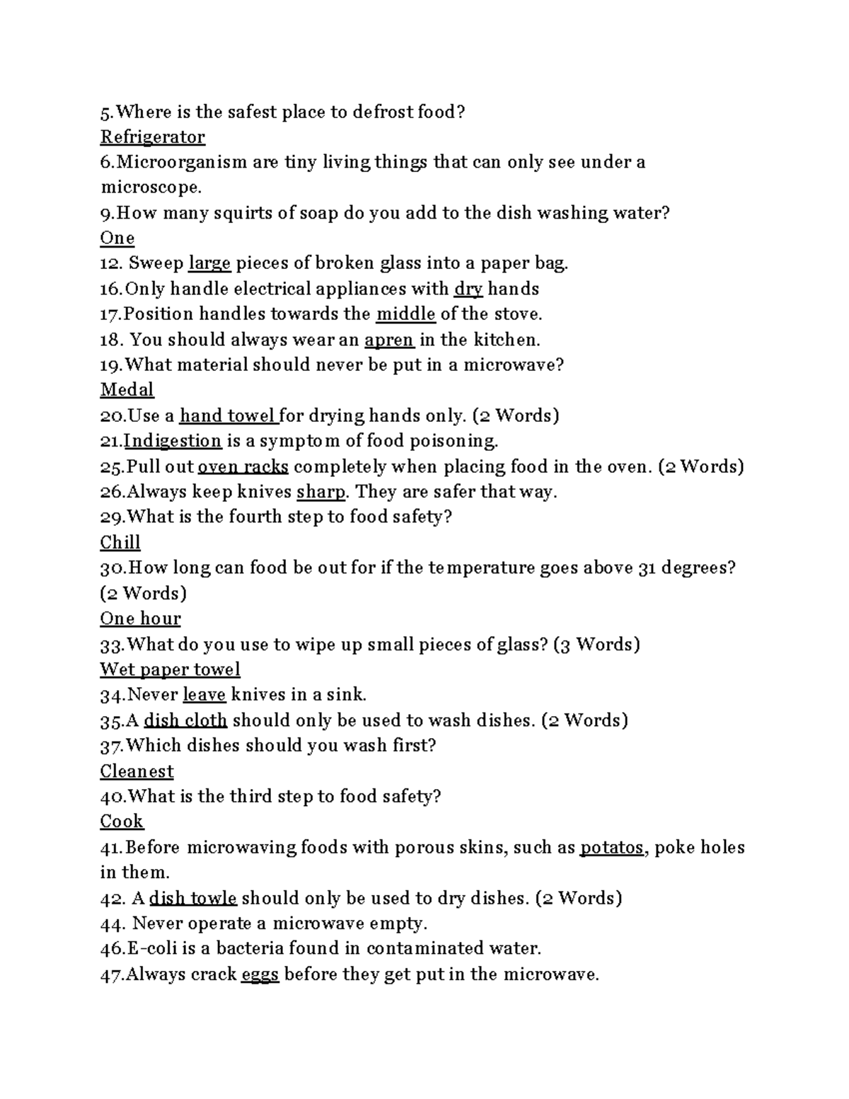 Food and Kitchen Safety Assignment - 5 is the safest place to defrost ...