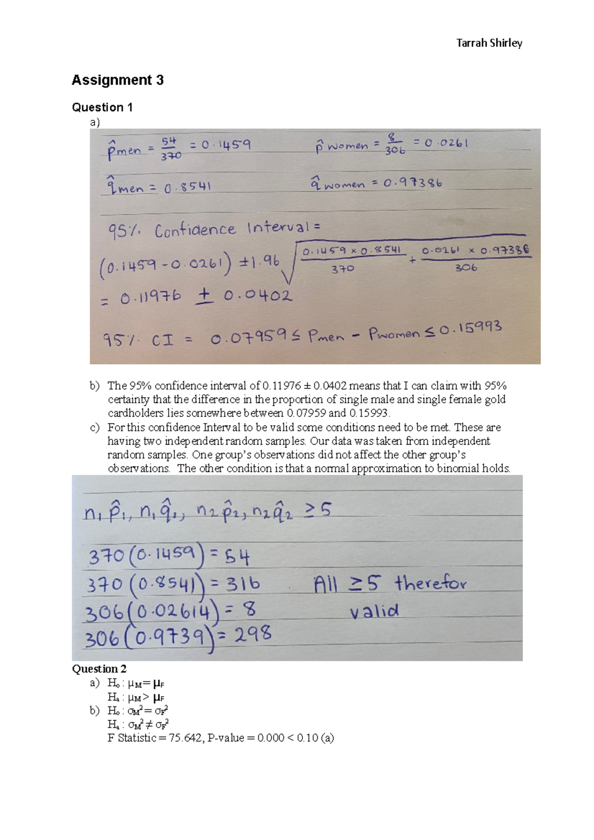 Assignment 3 BSNS 112 47/50 2022 sem 1 warren - Assignment 3 Question 1 a) b) The 95% confidence ...
