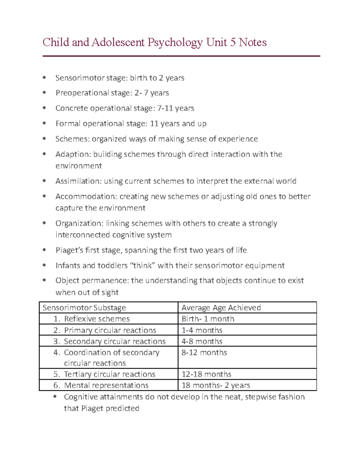 Child and Adolescent Psychology Unit 5 Notes - Reflexive schemes Birth ...