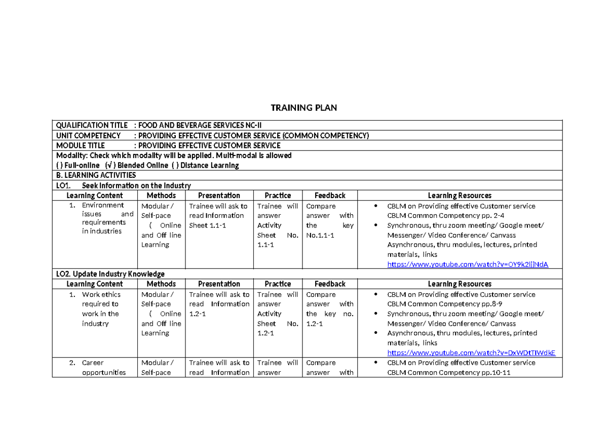 FBS-training plan bcommon core - TRAINING PLAN QUALIFICATION TITLE ...