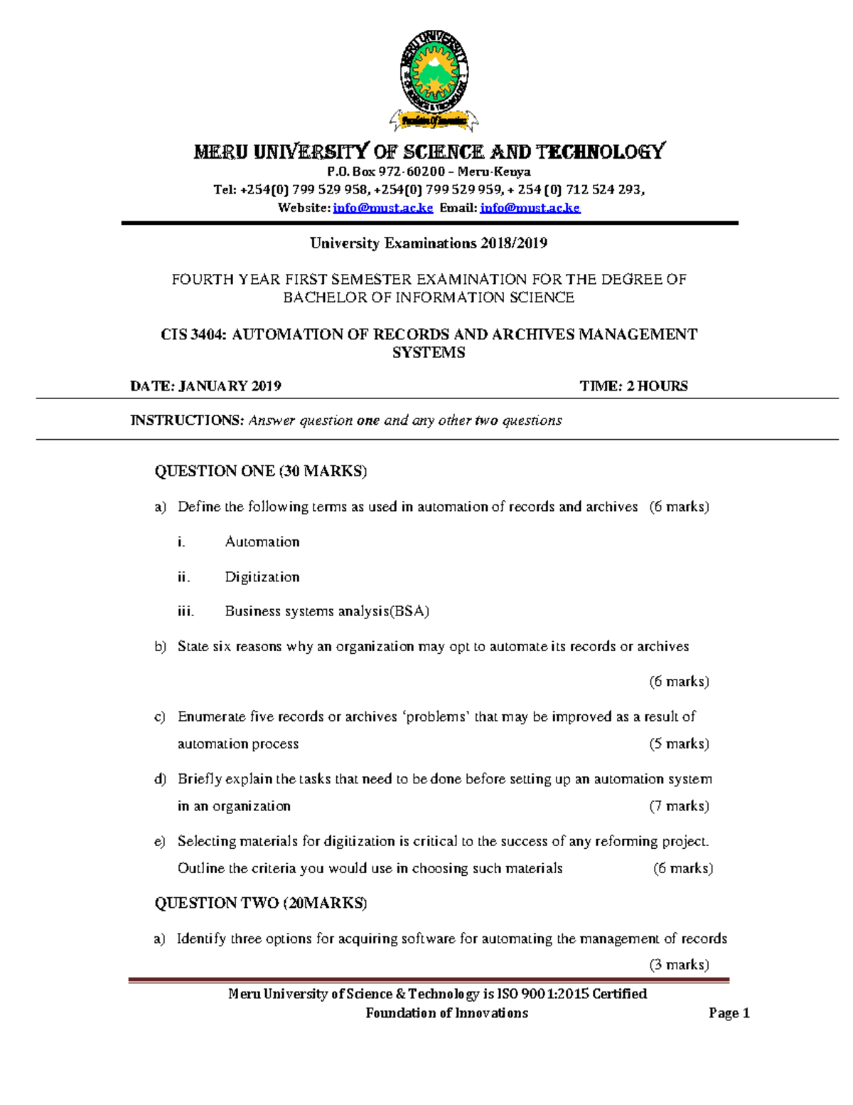 AIS 3404 Automation of records and archives management systems - Meru ...