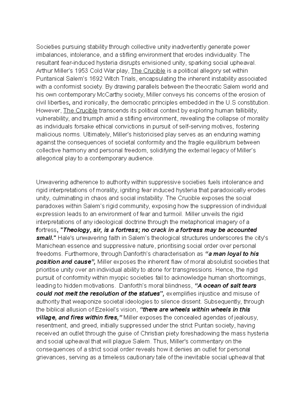 Ethan The Crucible Essay Draft 4 - Societies pursuing stability through ...