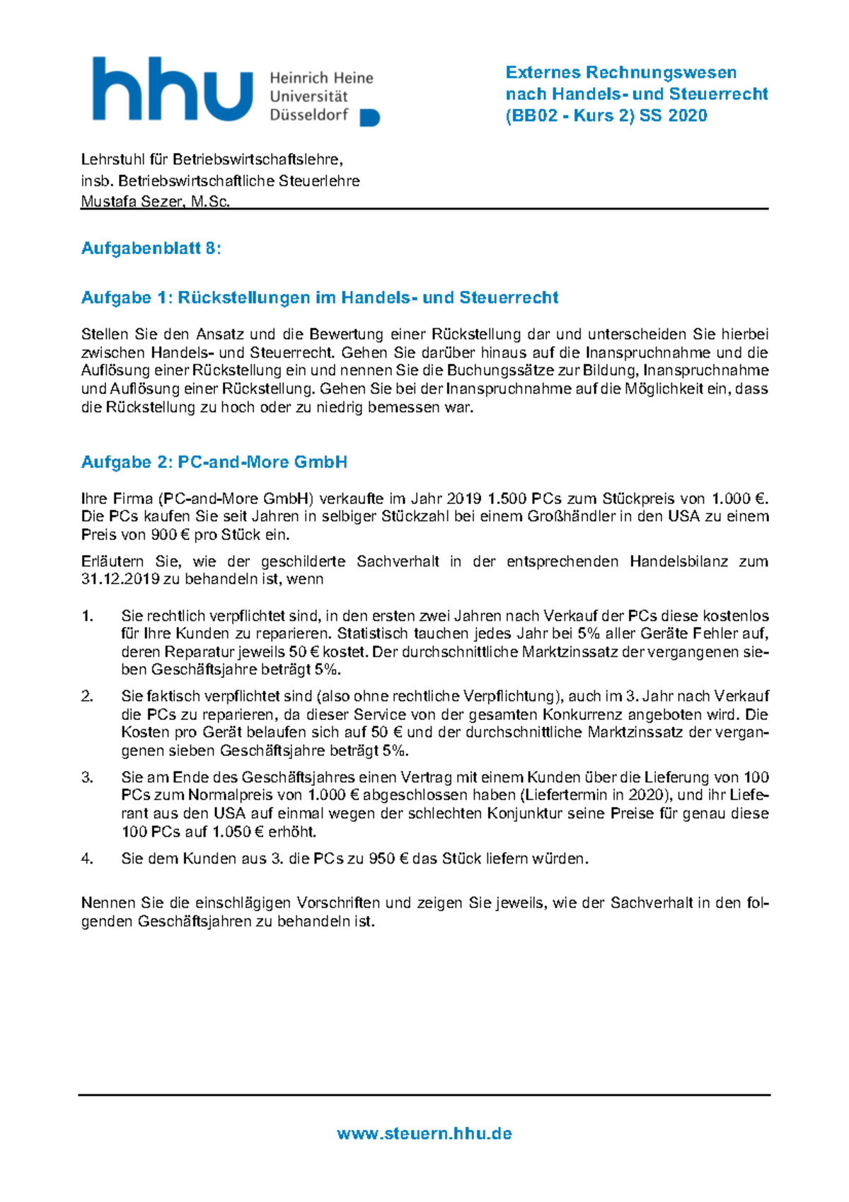 BB02 Kurs 2 SS2020 Aufgabenblatt 08 - Externes Rechnungswesen nach ...