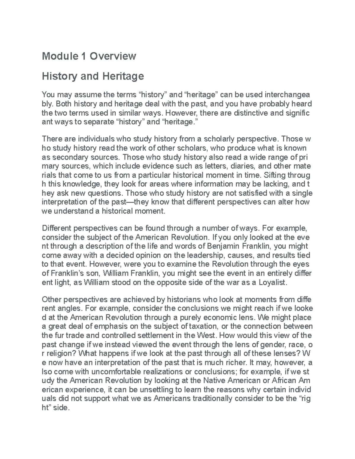 History 100 1-1 History and Heritage - Module 1 Overview History and ...