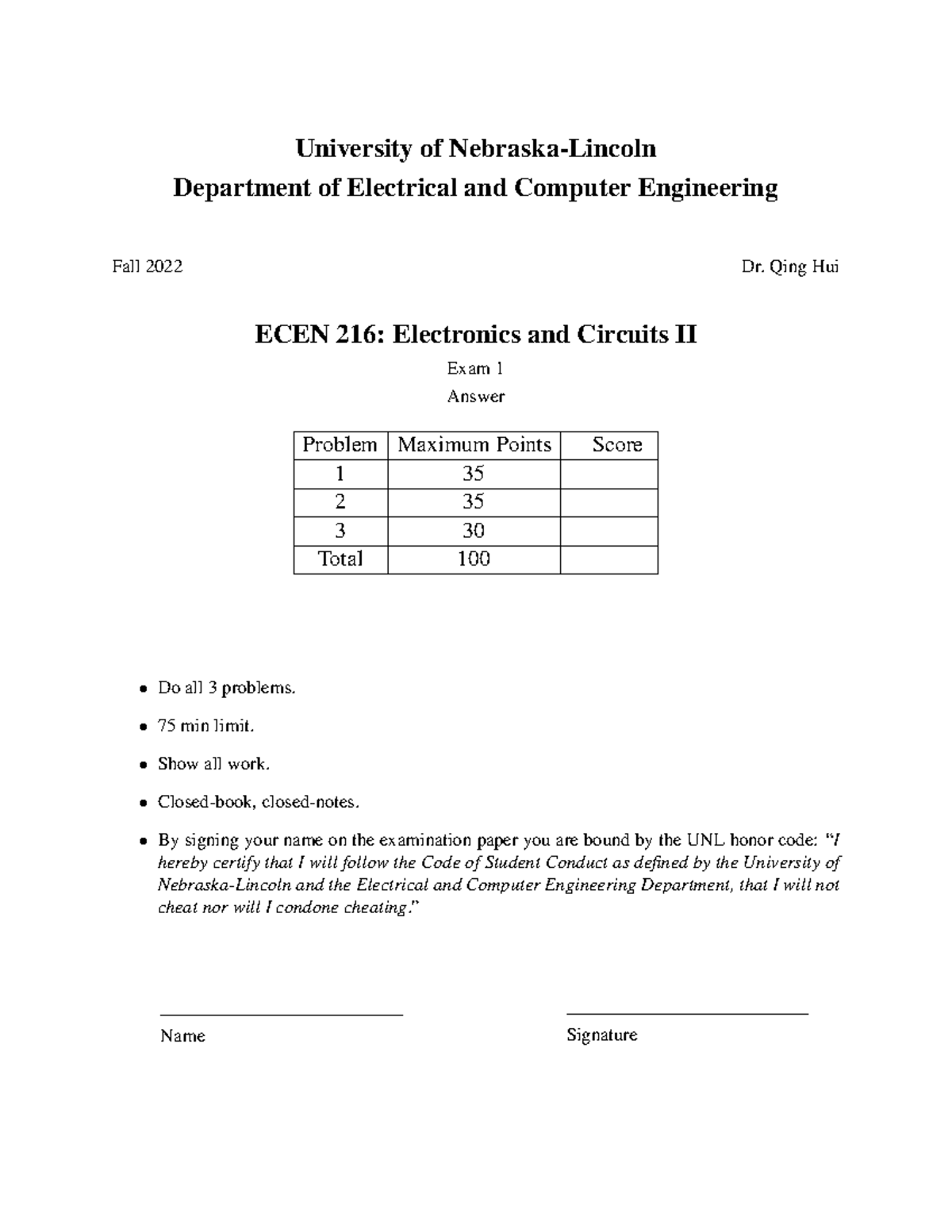 Exam 1 ECE216 Answers - University of Nebraska-Lincoln Department of Electrical and Computer ...