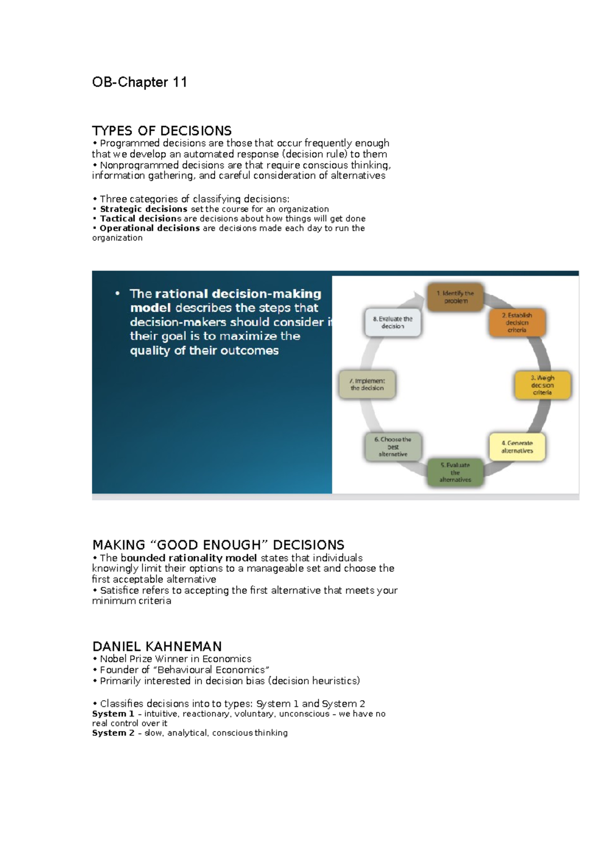 OB chapter 11 - sample questions - OB-Chapter 11 TYPES OF DECISIONS • Programmed decisions are ...