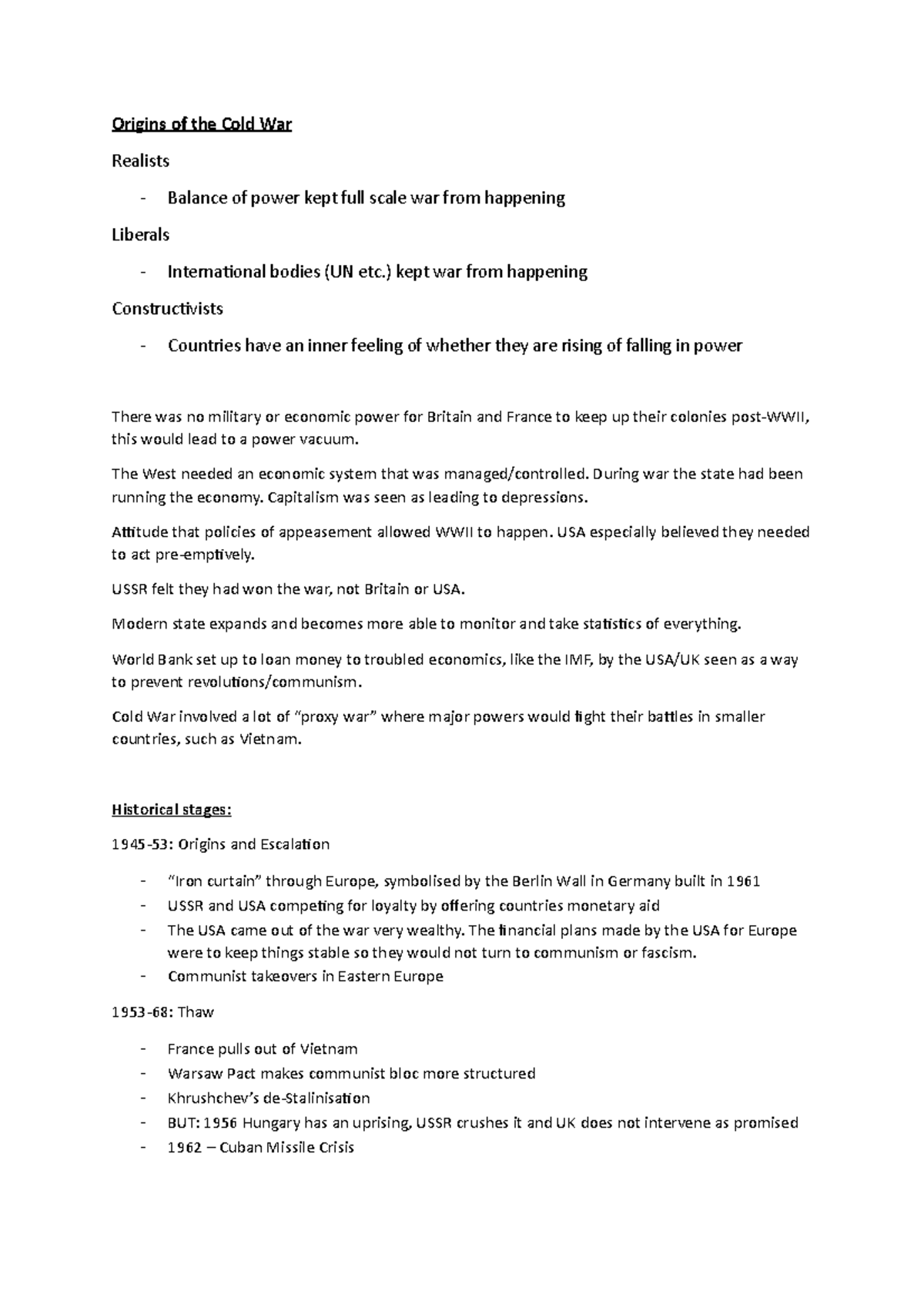 Origins of the Cold War - Lecture notes 12 - Origins of the Cold War ...