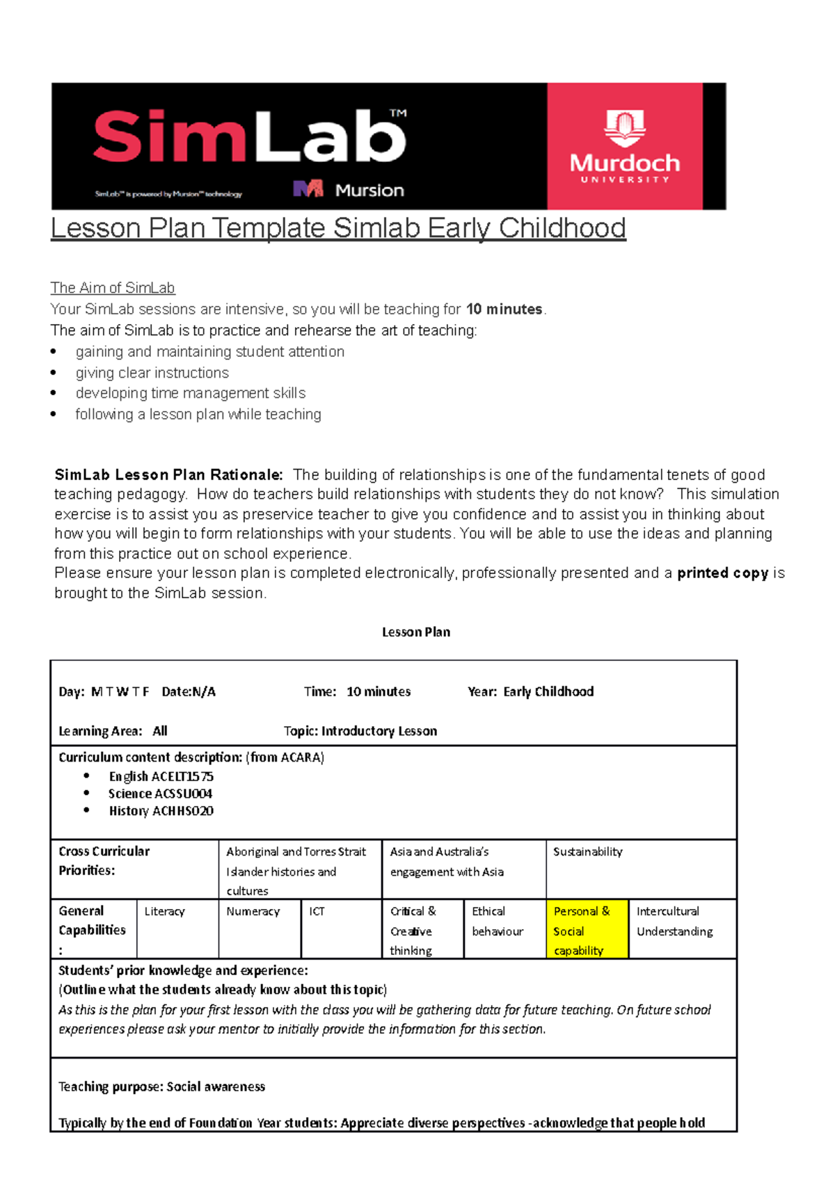 Lesson Plan Template 2021 - Simlab Early childhood - Lesson Plan ...