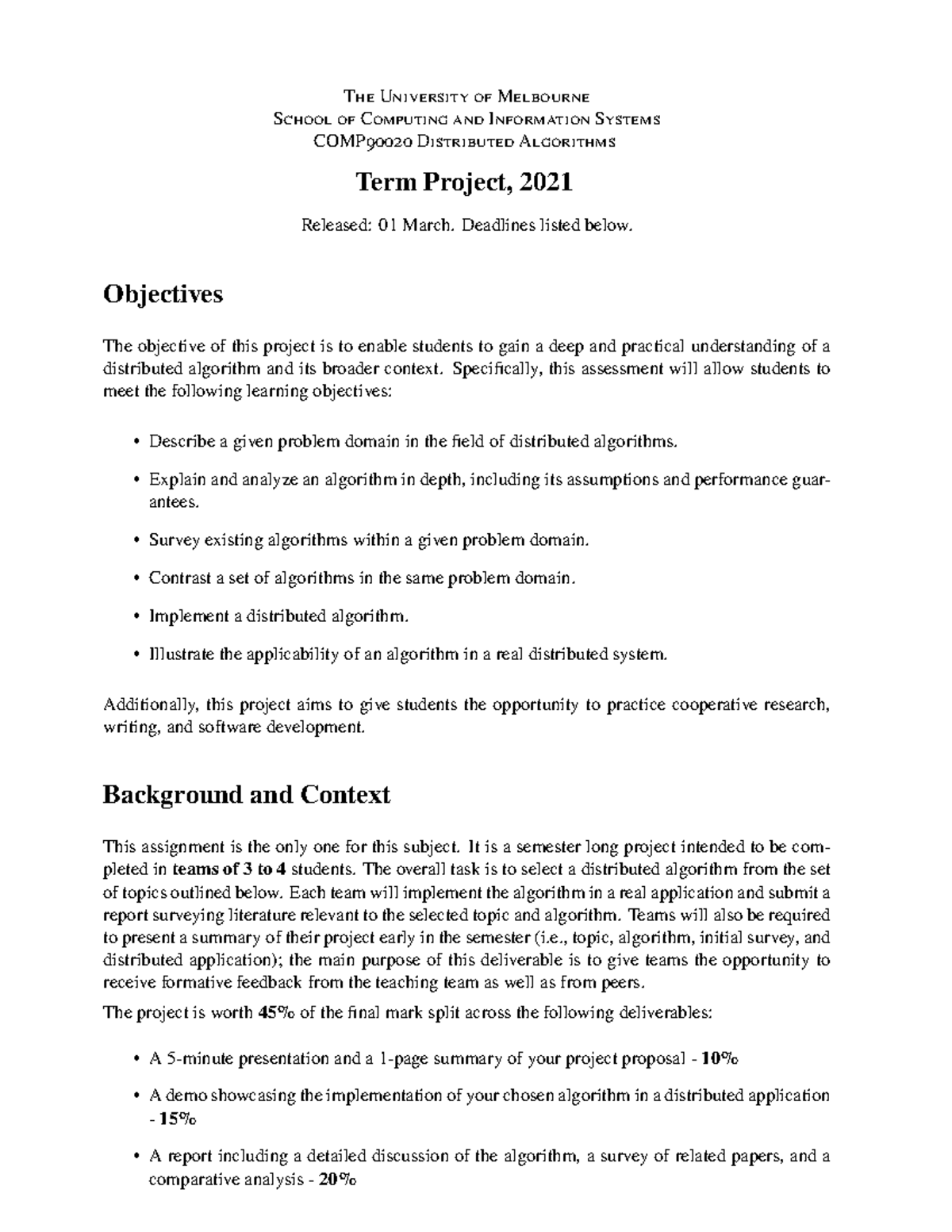 COMP90020 2021 Project Specification - The University of Melbourne School of Computing and - Studocu
