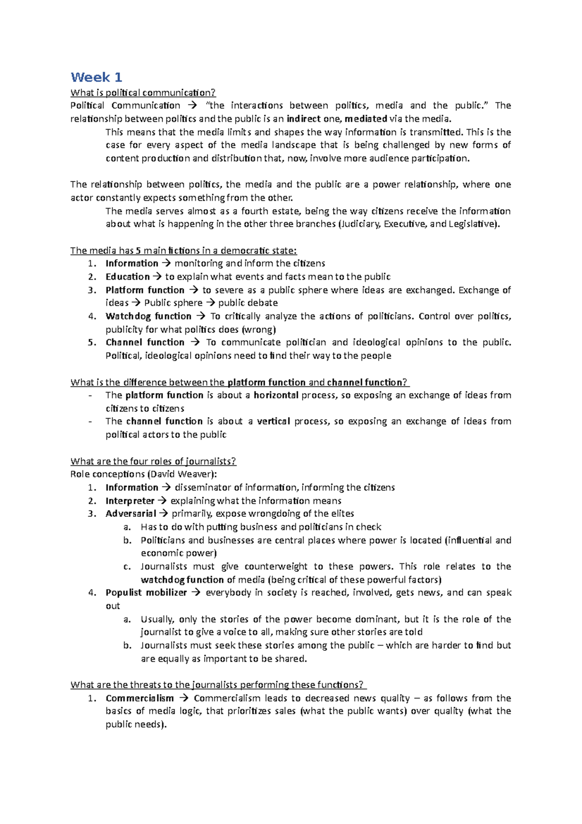 political communication and journalism summary - Week 1 What is ...