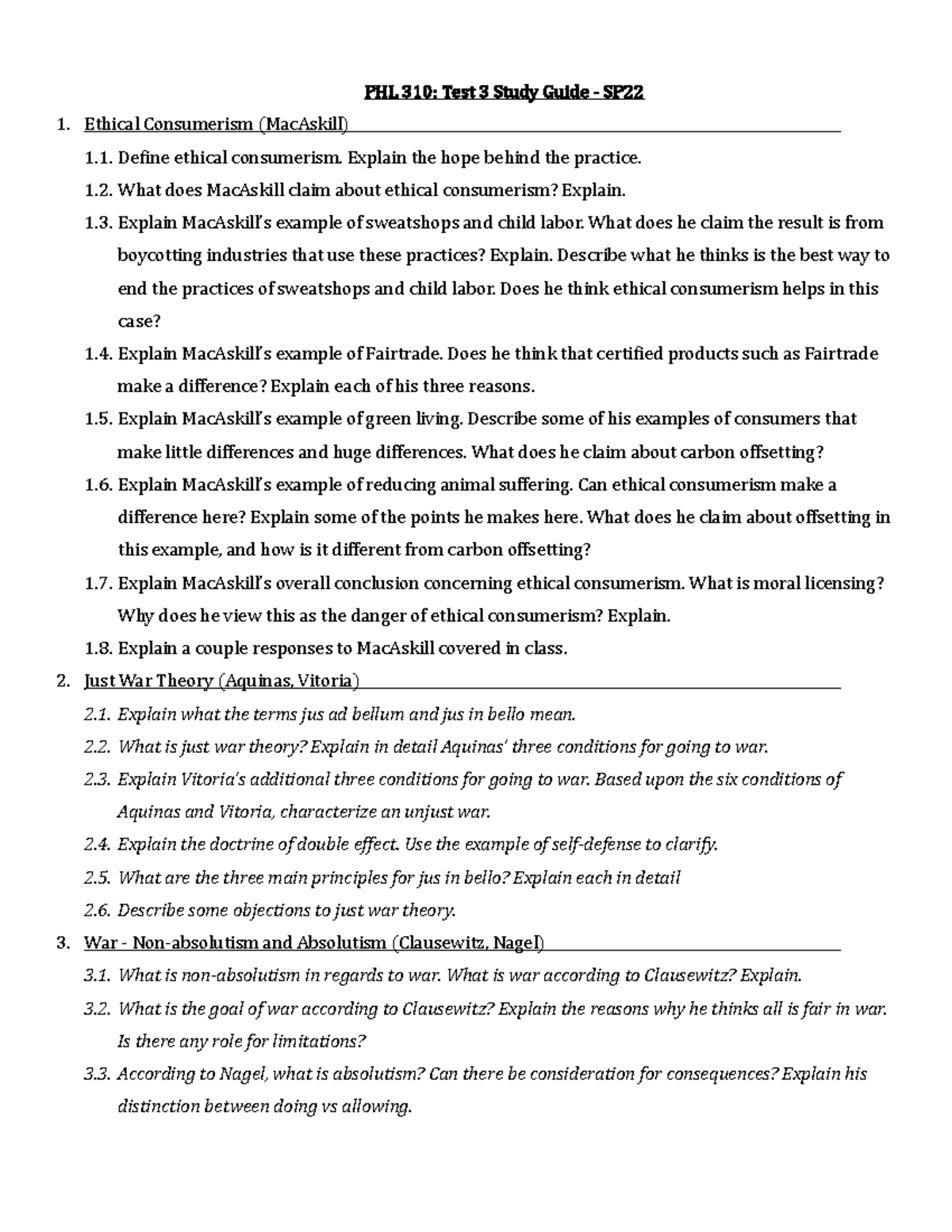 Test 3 Study Guide - PHL 310 SP22 - PHL 310 : Test 3 Study Guide - SP2 ...