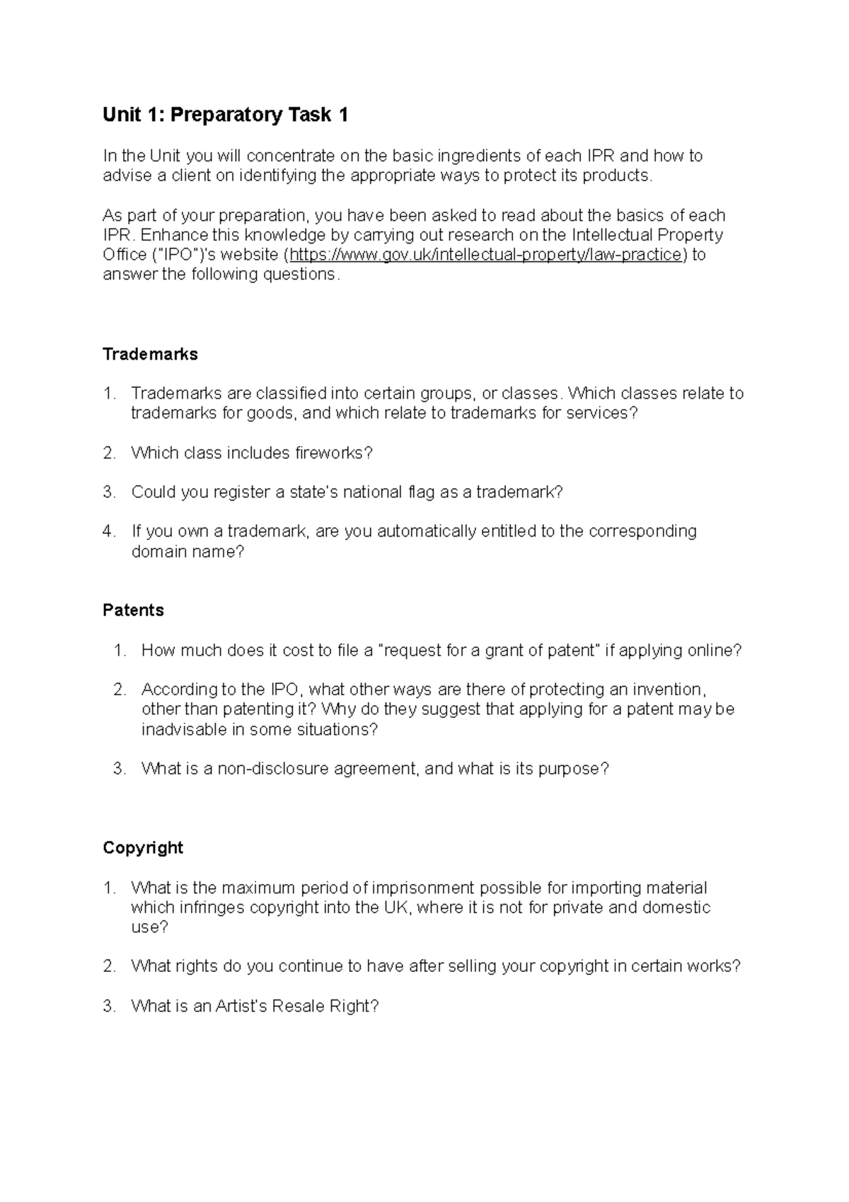 Task 1 copy - Task 1 - Unit 1: Preparatory Task 1 In the Unit you will concentrate on the basic ...