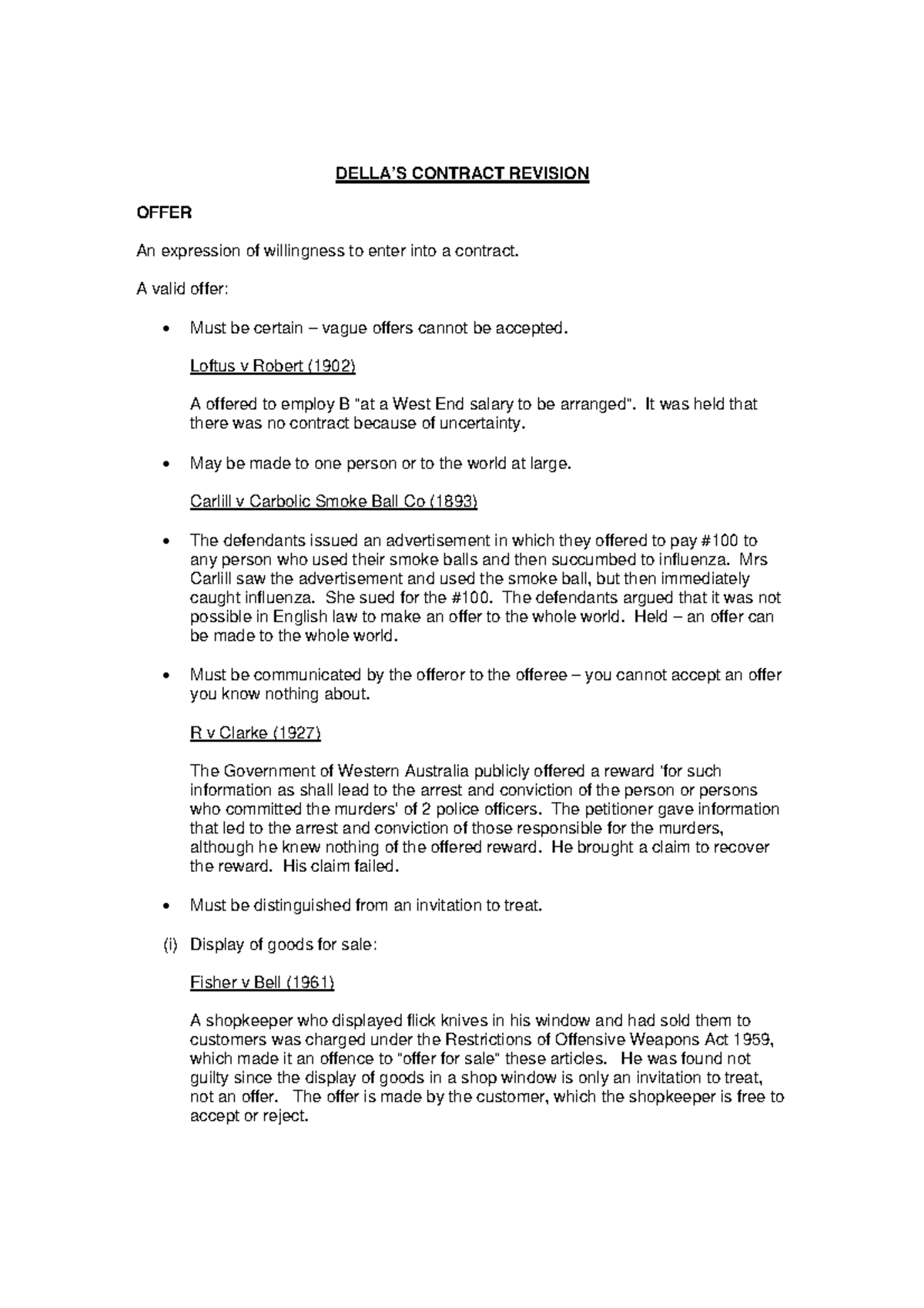 Contract Law Summary notes - CONTRACT REVISION OFFER An expression of ...