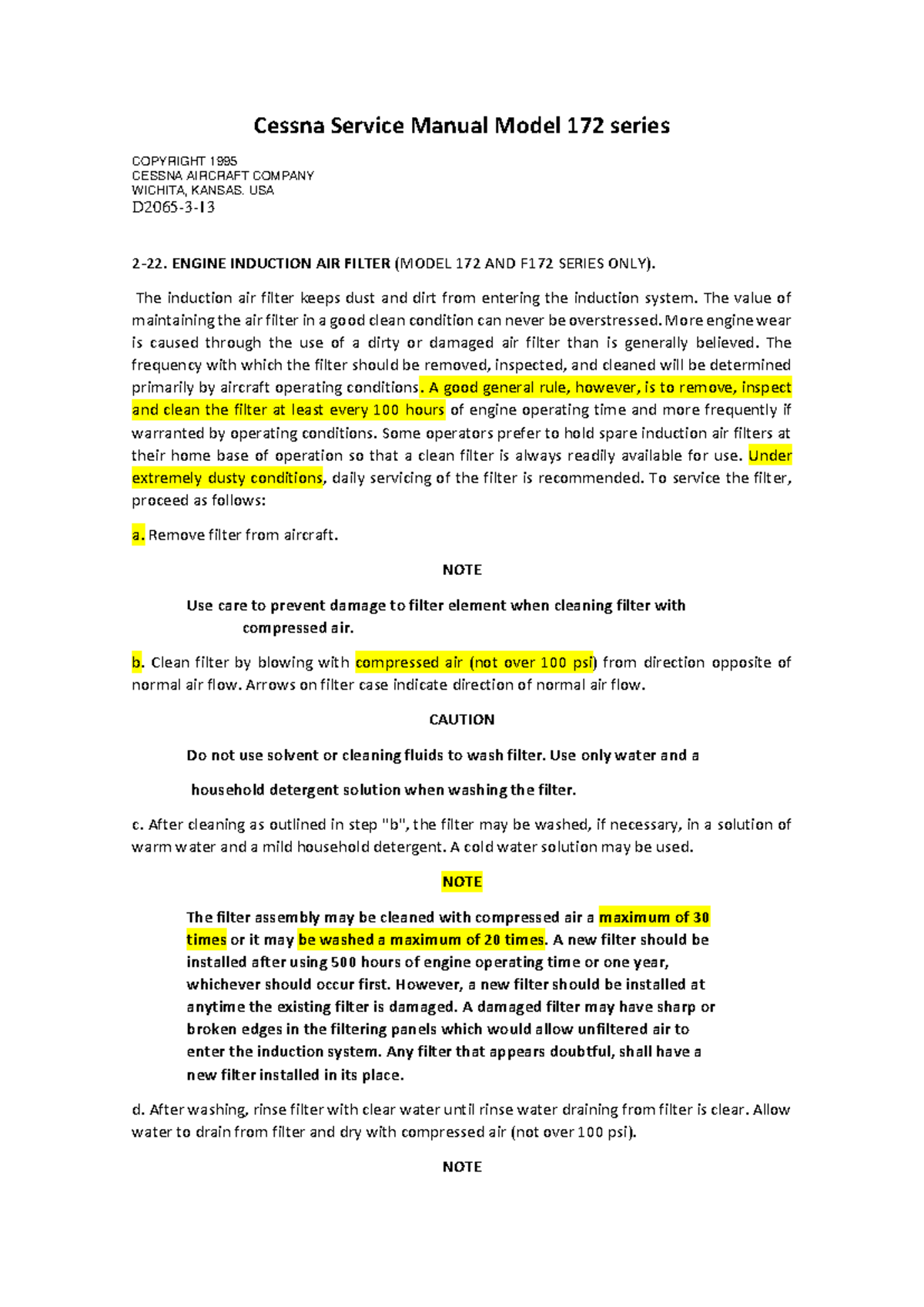 Cessna Service Manual Model 172 air filter - Cessna Service Manual ...