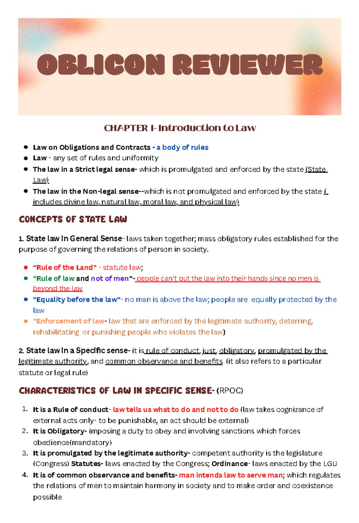 Oblicon Reviewer chapter 1-4 - CHAPTER 1- Introduction to Law CONCEPTS ...